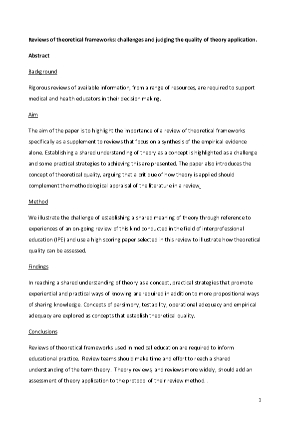 (PDF) Reviews of theoretical frameworks: Challenges and judging the ...