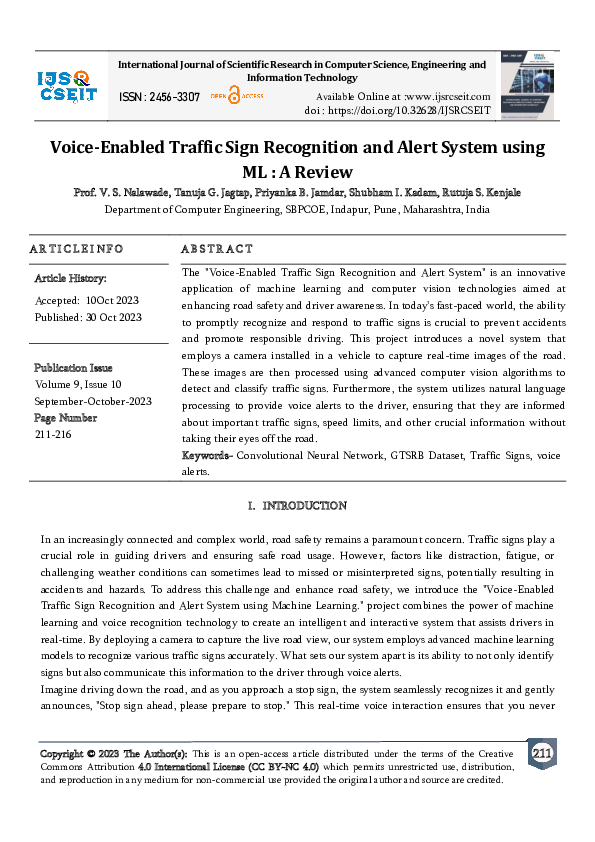 Pdf Voice Enabled Traffic Sign Recognition And Alert System Using Ml A Review