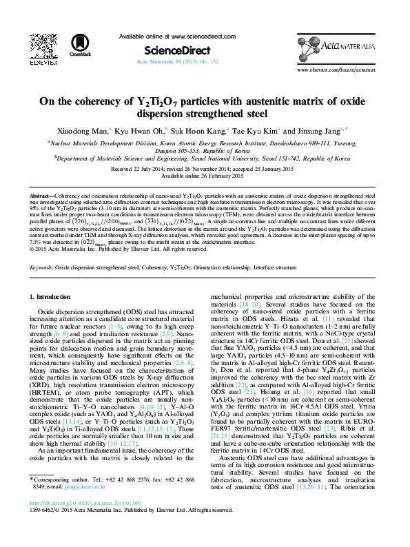 (PDF) On the coherency of Y2Ti2O7 particles with austenitic matrix of ...