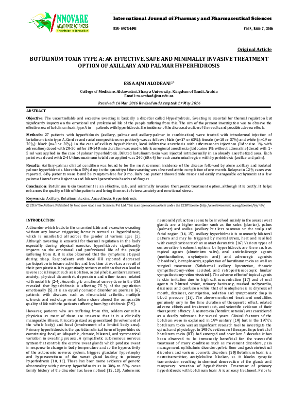 (PDF) BOTULINUM TOXIN TYPE A: AN EFFECTIVE, SAFE AND MINIMALLY INVASIVE ...