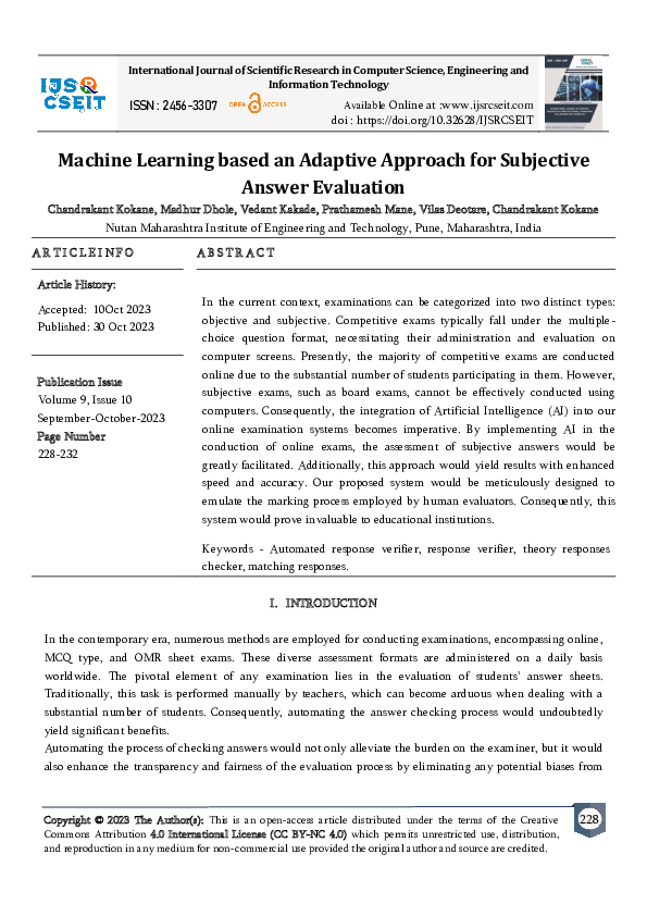 (PDF) Machine Learning based an Adaptive Approach for Subjective Answer ...