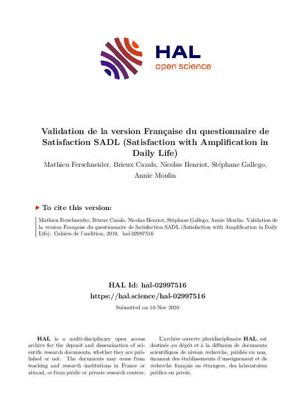 (PDF) Validation de la version Française du questionnaire de ...