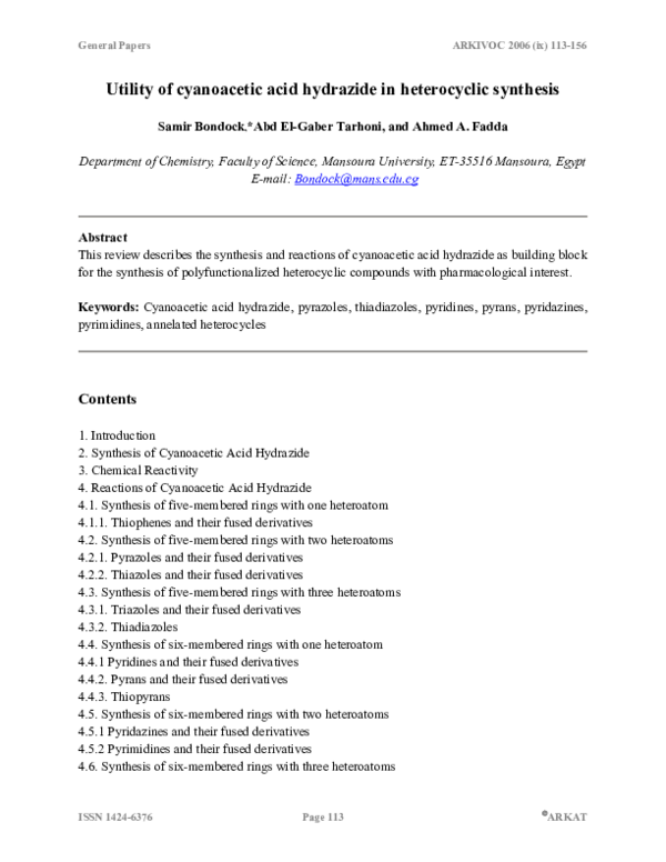 (PDF) Utility of cyanoacetic acid hydrazide in heterocyclic synthesis