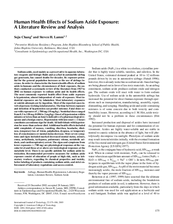 (PDF) Human Health Effects of Sodium Azide Exposure: A Literature ...