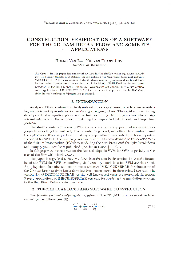 (PDF) Construction, verification of a software for the 2D dam-break flow and some its applications