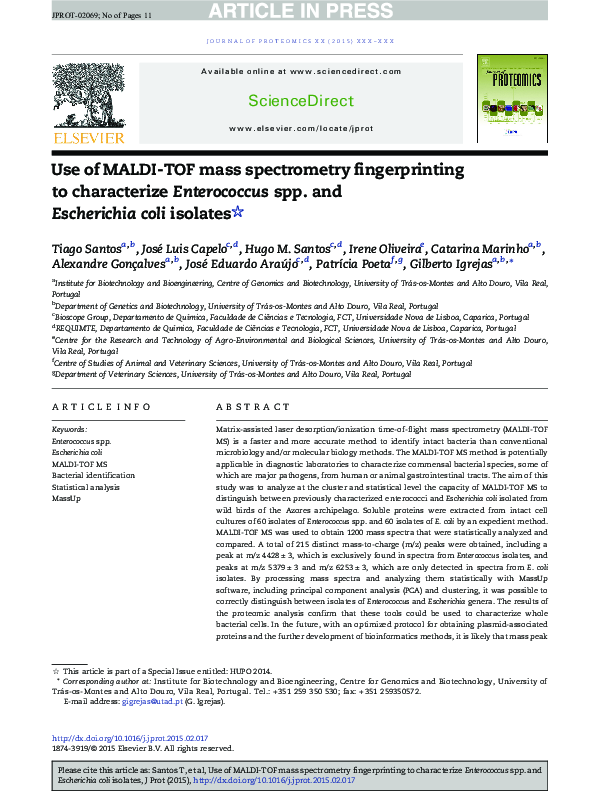 (PDF) Use of MALDI-TOF mass spectrometry fingerprinting to characterize Enterococcus spp. and ...