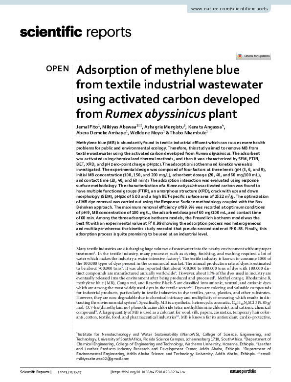 (PDF) Adsorption of methylene blue from textile industrial wastewater using activated carbon ...