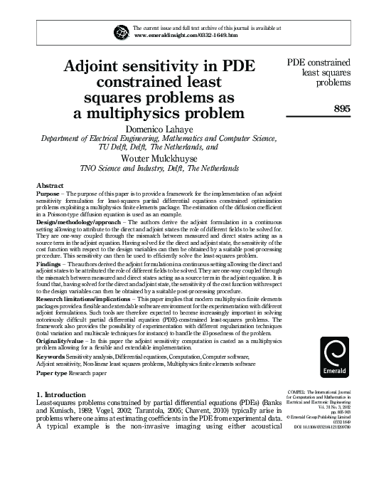 Pdf Adjoint Sensitivity In Pde Constrained Least Squares Problems As A Multiphysics Problem