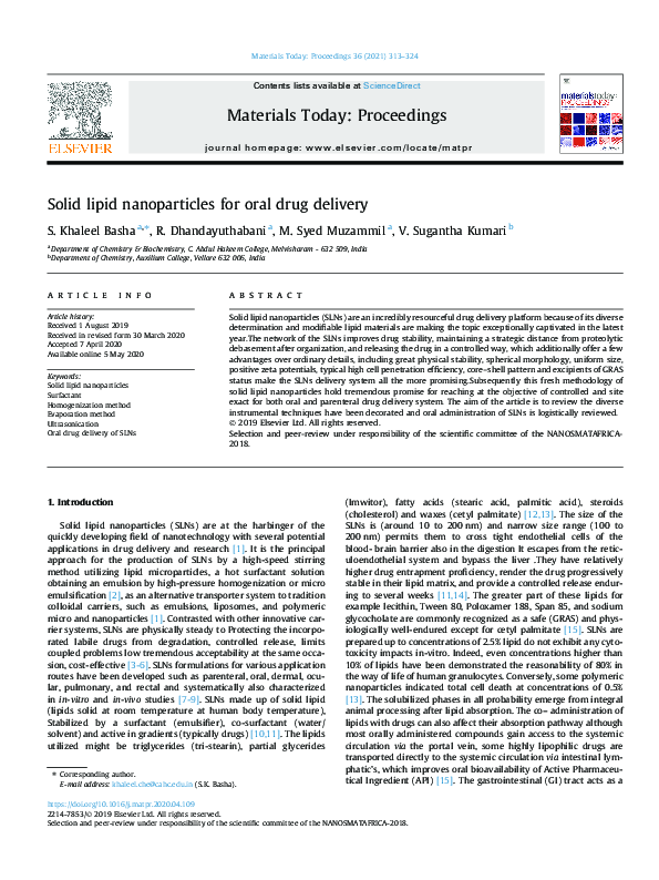 (PDF) Solid lipid nanoparticles for oral drug delivery