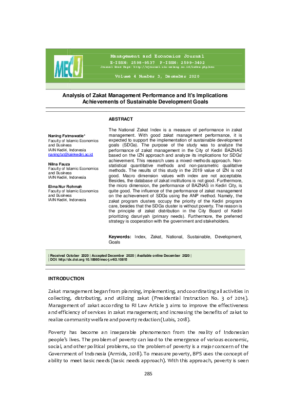 Pdf Analysis Of Zakat Management Performance And Its Implications Achievements Of Sustainable