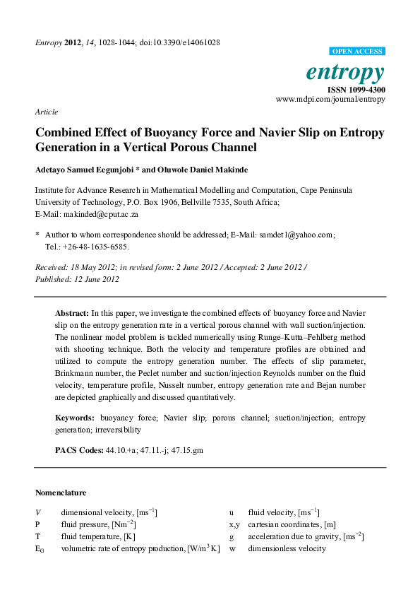 (PDF) Combined Effect of Buoyancy Force and Navier Slip on Entropy ...