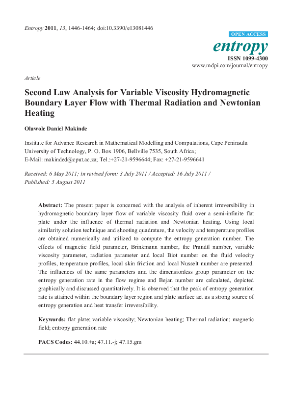 (PDF) Second Law Analysis for Variable Viscosity Hydromagnetic Boundary Layer Flow with Thermal ...