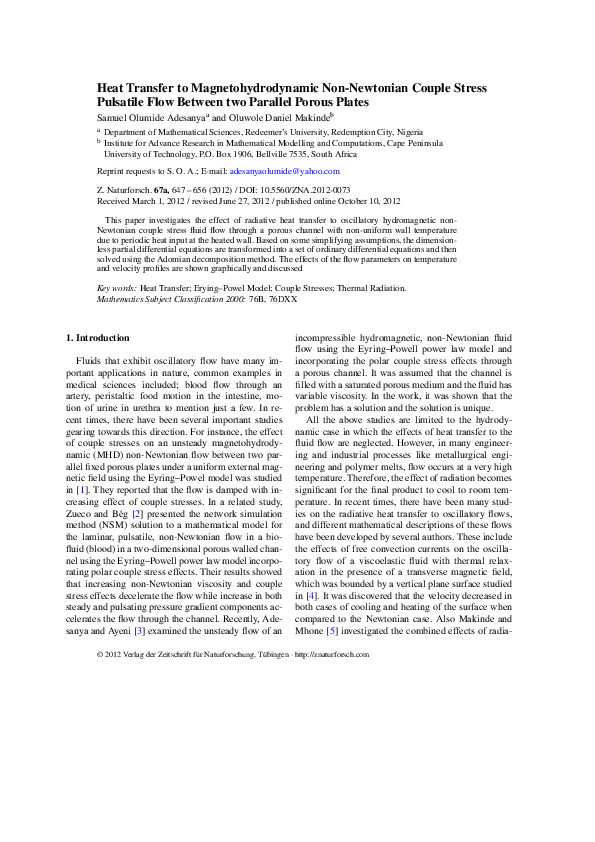 (PDF) Heat Transfer to Magnetohydrodynamic Non-Newtonian Couple Stress ...