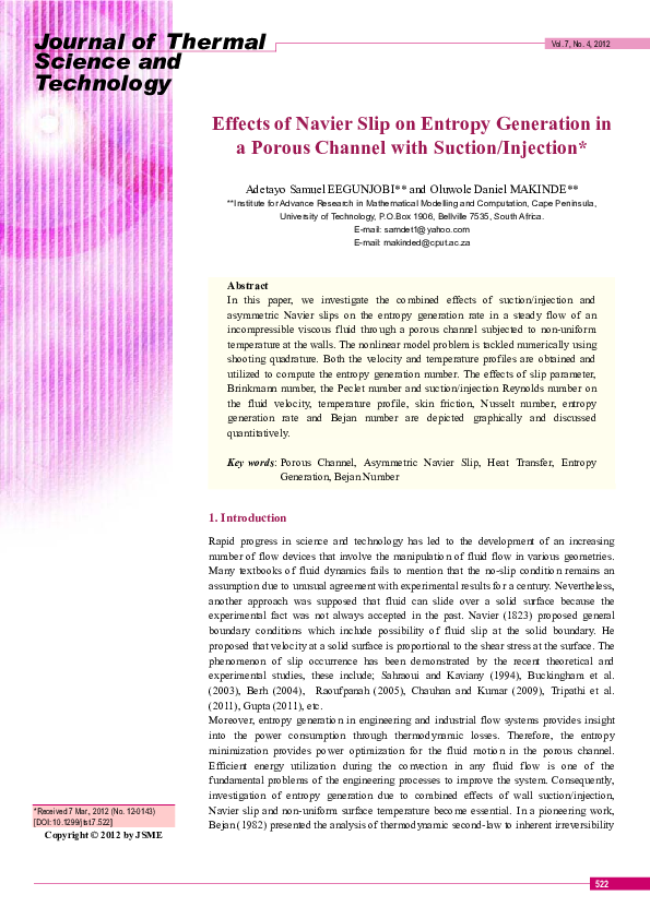 (PDF) Effects of Navier Slip on Entropy Generation in a Porous Channel ...