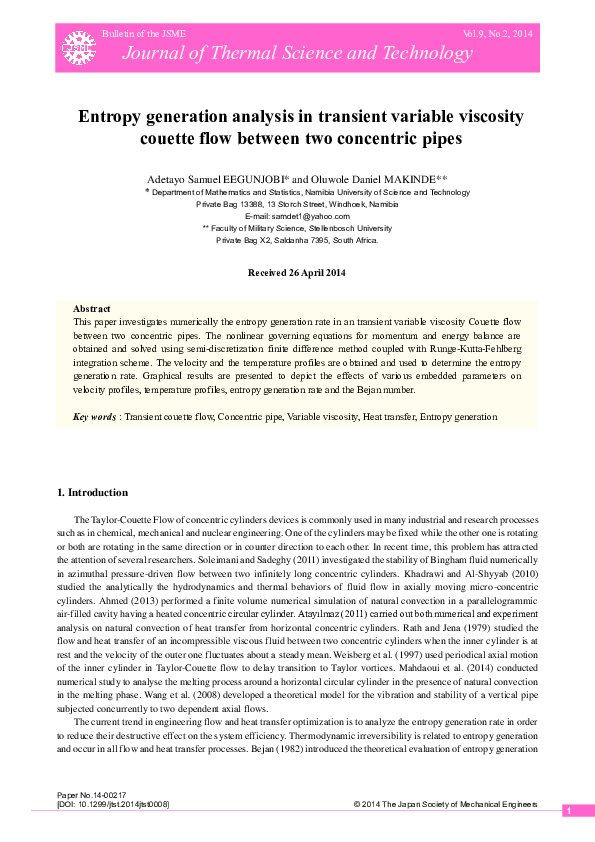 (PDF) Entropy generation analysis in transient variable viscosity couette flow between two ...