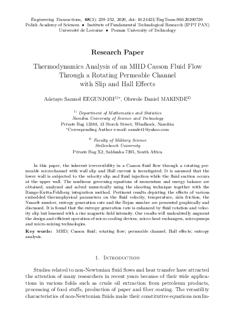 (PDF) Thermodynamics Analysis of an MHD Casson Fluid Flow Through a Rotating Permeable Channel ...