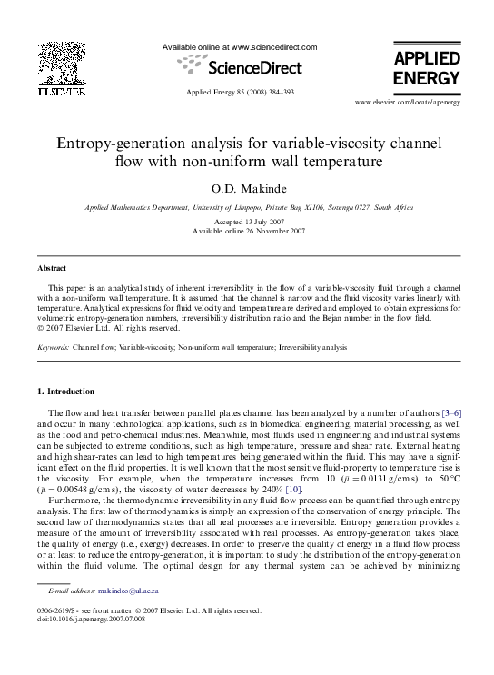 (PDF) Entropy-generation analysis for variable-viscosity channel flow with non-uniform wall ...