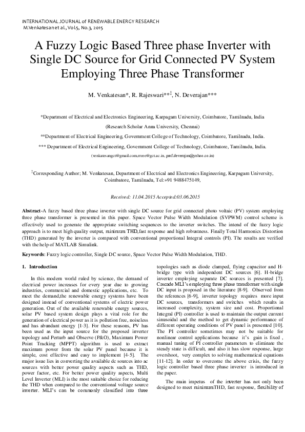 Pdf A Fuzzy Logic Based Three Phase Inverter With Single Dc Source For Grid Connected Pv