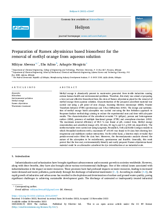 (PDF) Preparation of Rumex abyssinicus based biosorbent for the removal ...