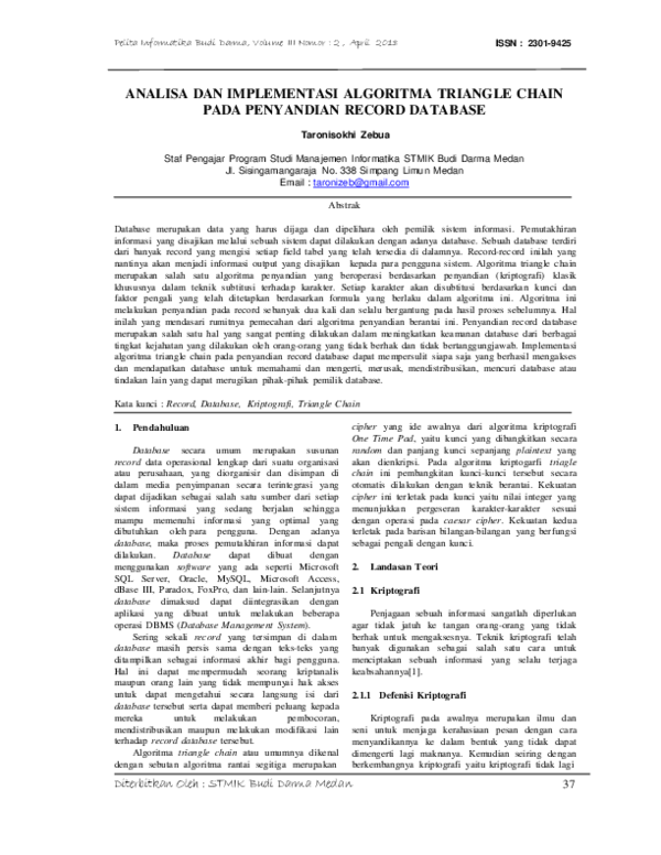 Pdf Analisa Dan Implementasi Algoritma Triangle Chain Pada Penyandian Record Database Anggi