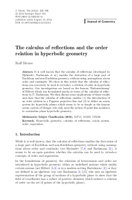 (PDF) The calculus of reflections and the order relation in hyperbolic geometry