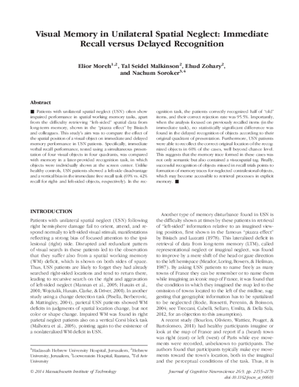 (PDF) Visual Memory in Unilateral Spatial Neglect: Immediate Recall versus Delayed Recognition