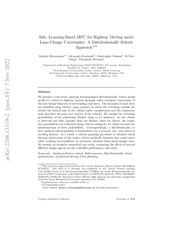 (PDF) Safe, learning-based MPC for highway driving under lane-change uncertainty: A ...