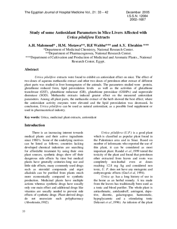 (PDF) Study of some Antioxidant Parameters in Mice Livers Affected with Urtica pilulifera ...