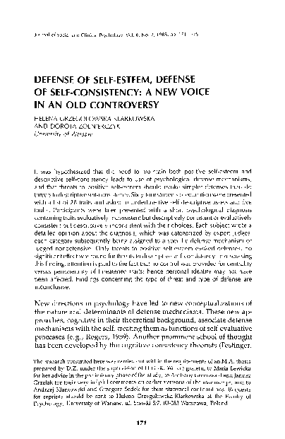 (PDF) Defense of Self-Esteem, Defense of Self-Consistency: A New Voice in an Old Controversy