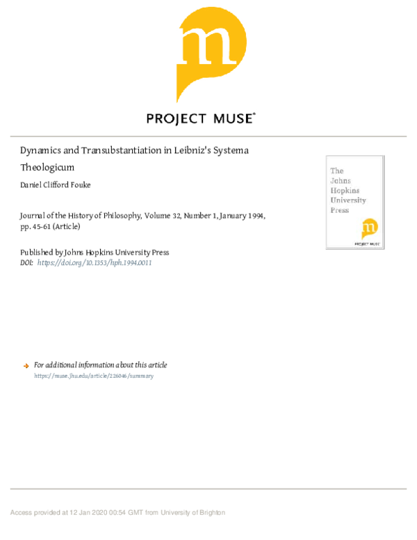 (PDF) Dynamics and Transubstantiation in Leibniz's Systema Theologicum