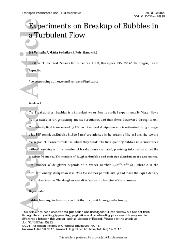 (PDF) Experiments on breakup of bubbles in a turbulent flow