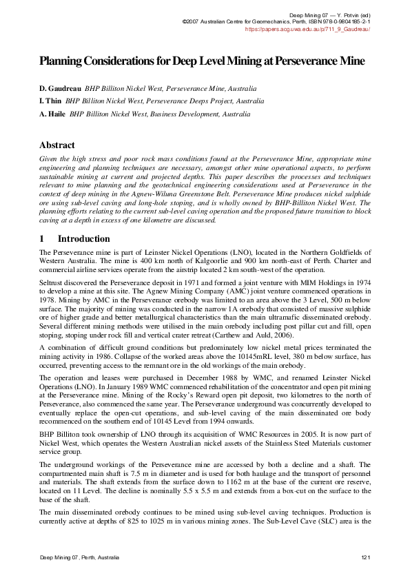 (PDF) Planning Considerations for Deep Level Mining at Perseverance Mine