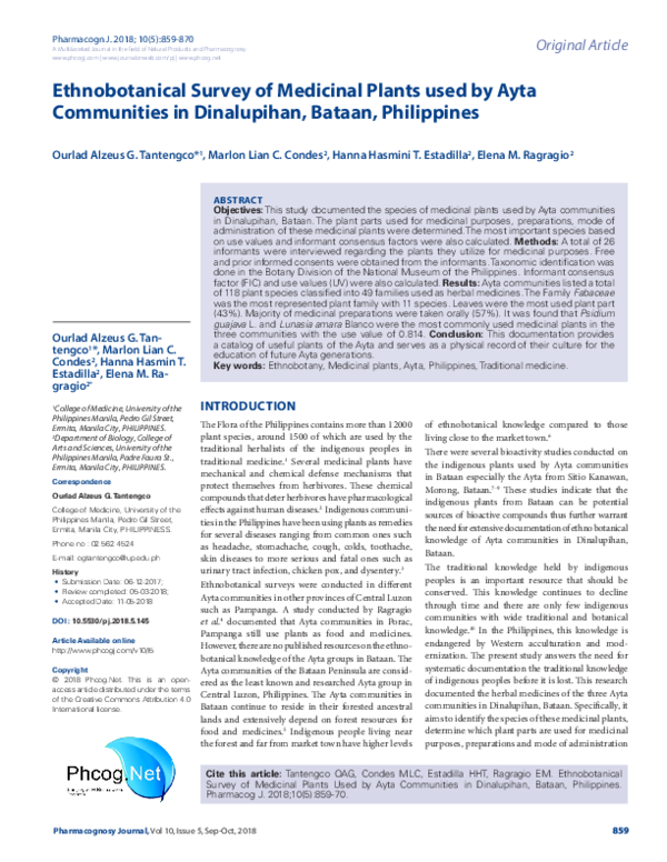(PDF) Ethnobotanical Survey of Medicinal Plants used by Ayta Communities in Dinalupihan, Bataan ...