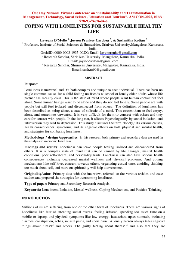 (PDF) Coping with Loneliness for Sustainable Healthy Life