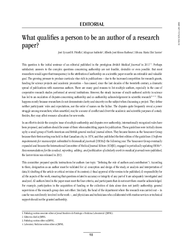 (PDF) What qualifies a person to be an author of a research paper?