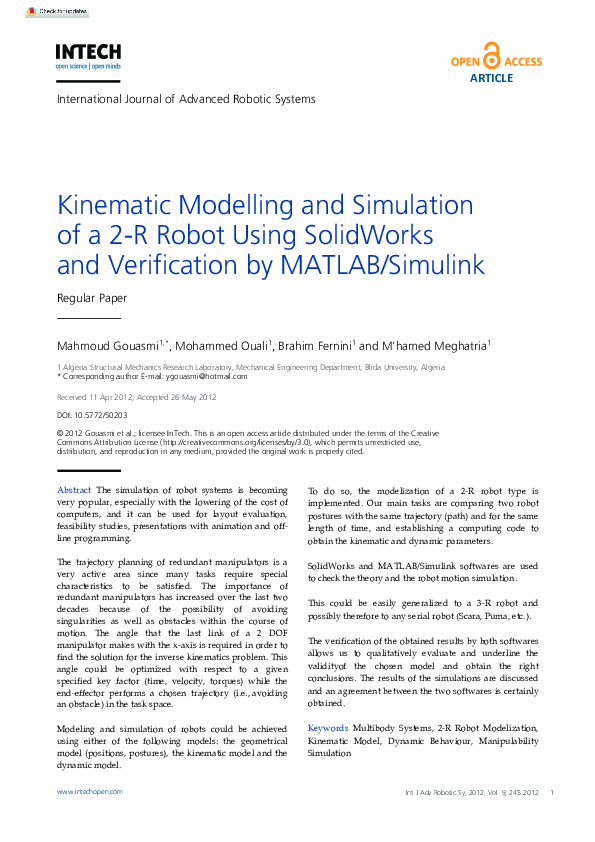 (PDF) Kinematic Modelling and Simulation of a 2-R Robot Using SolidWorks and Verification by ...