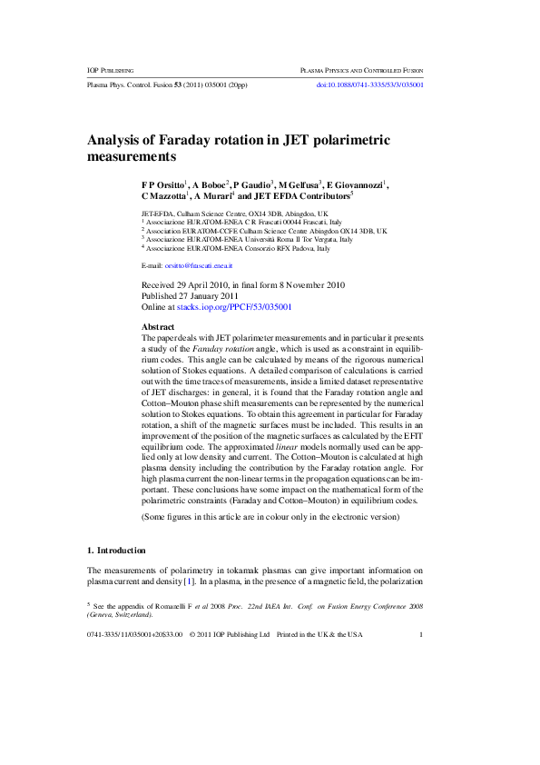 (PDF) Analysis of Faraday rotation in JET polarimetric measurements