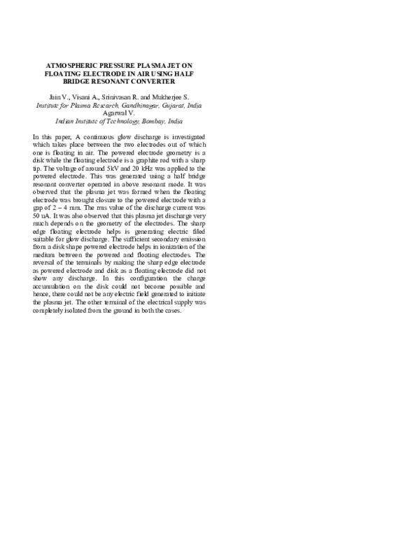 (PDF) Atmospheric pressure plasma jet on floating electrode in air ...