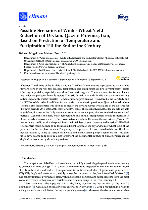 (PDF) Possible Scenarios of Winter Wheat Yield Reduction of Dryland Qazvin Province, Iran, Based ...