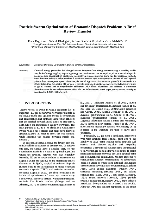 Pdf Particle Swarm Optimization Of Economic Dispatch Problem A Brief