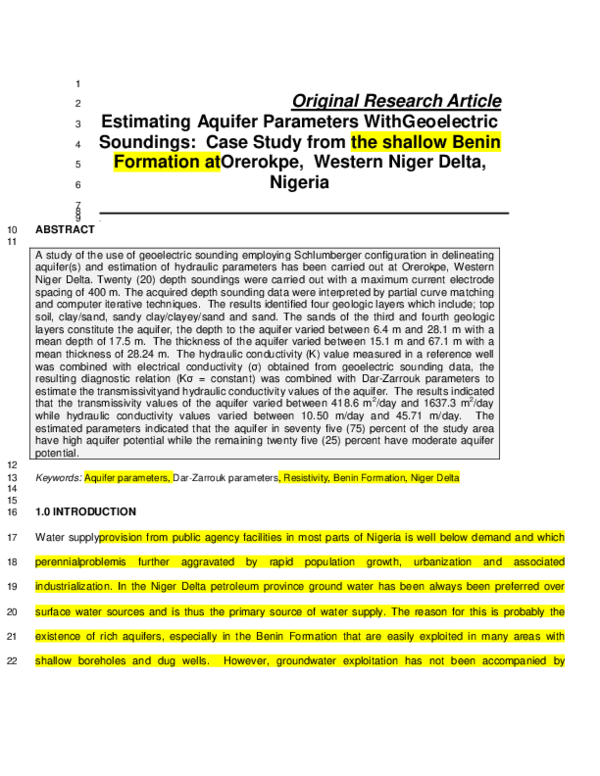 (PDF) Estimating Aquifer Parameters with Geoelectric Soundings: Case ...