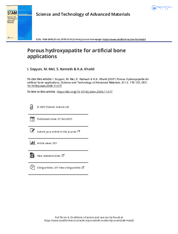 (PDF) Porous hydroxyapatite for artificial bone applications