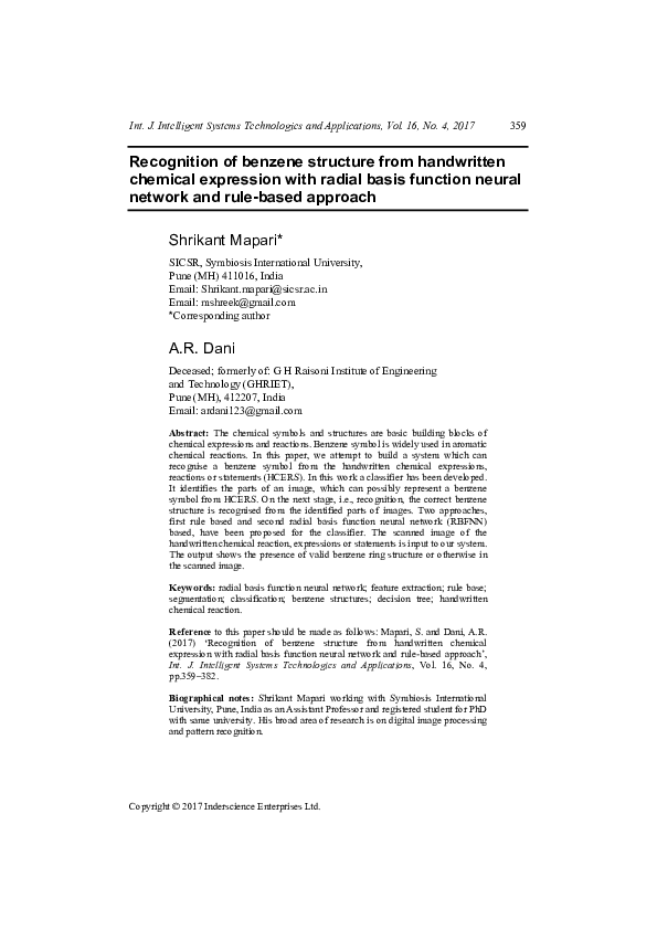 (PDF) Recognition of benzene structure from handwritten chemical expression with radial basis ...