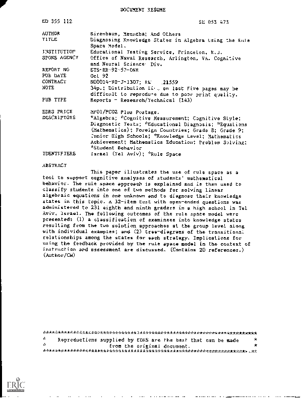 Pdf Diagnosing Knowledge States In Algebra Using The Rule Space Model 