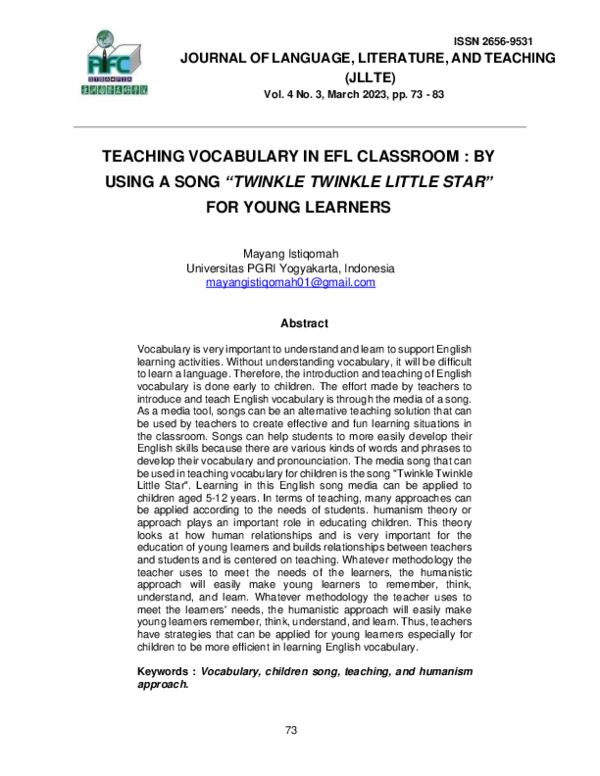 (PDF) Teaching Vocabulary in Efl Classroom : By Using a Song "Twinkle ...