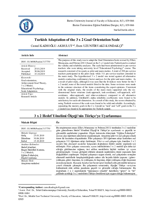 (PDF) Turkish Adaptation of the 3 x 2 Goal Orientation Scale
