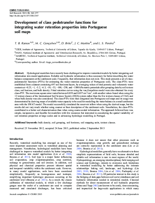 (PDF) Development of class pedotransfer functions for integrating water retention properties ...