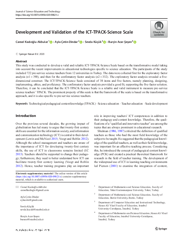 (PDF) Development and Validation of the ICT-TPACK-Science Scale
