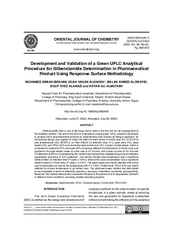 Pdf Development And Validation Of A Green Uplc Analytical Procedure For Glibenclamide