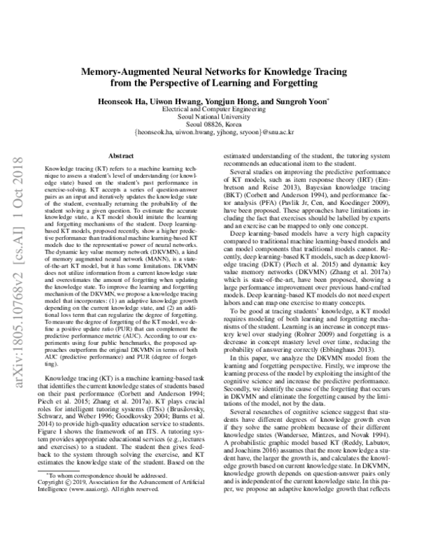 Pdf Memory Augmented Neural Networks For Knowledge Tracing From The Perspective Of Learning